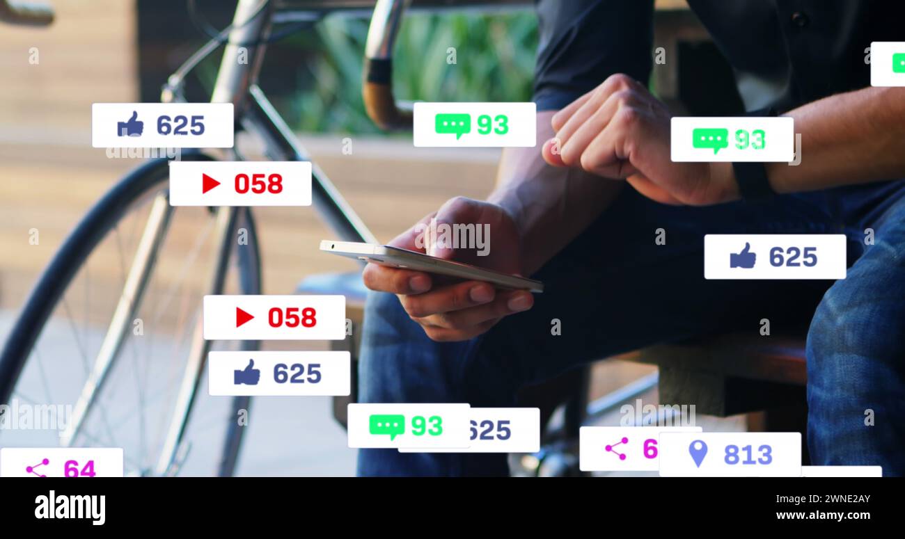 Image of social media icons and numbers on banners over man using ...