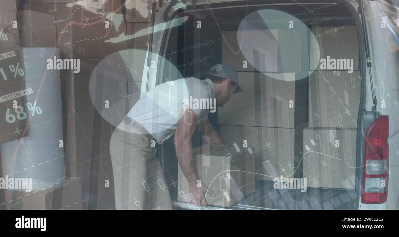 Image of financial data processing over delivery man loading up car outside of warehouse Stock ...