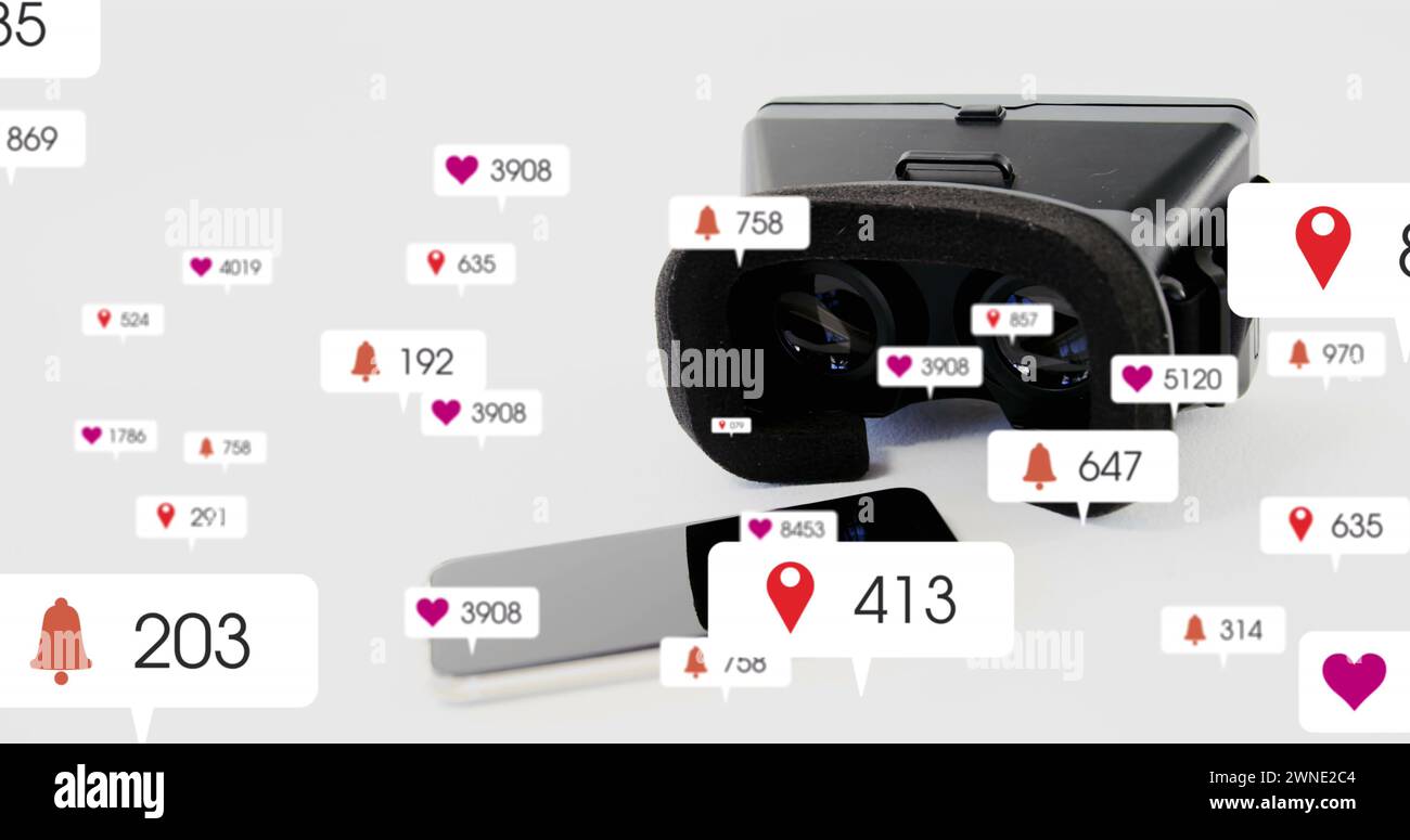 Image of social media icons and numbers on white banners over vr ...