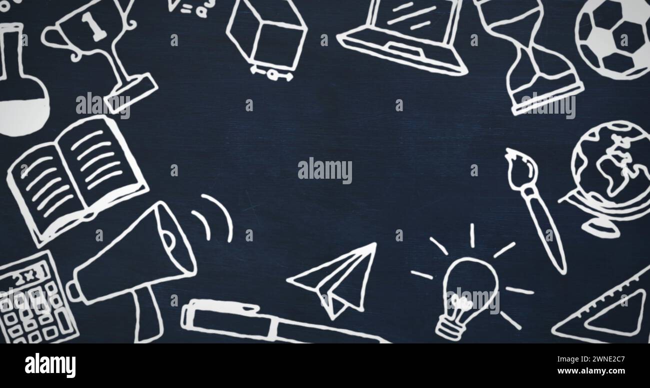 Digital image of multiple school concept icons against blue background ...