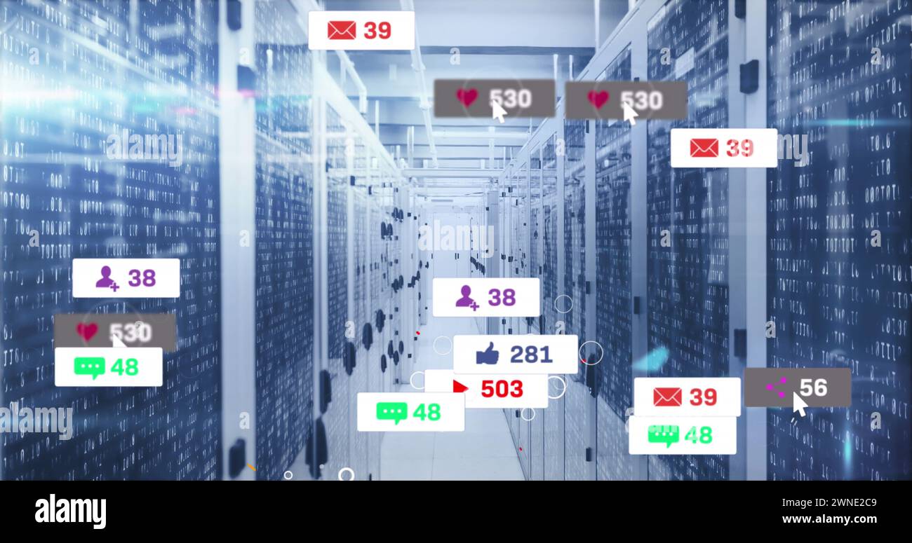 Image of social media icons and numbers on banners over computer ...