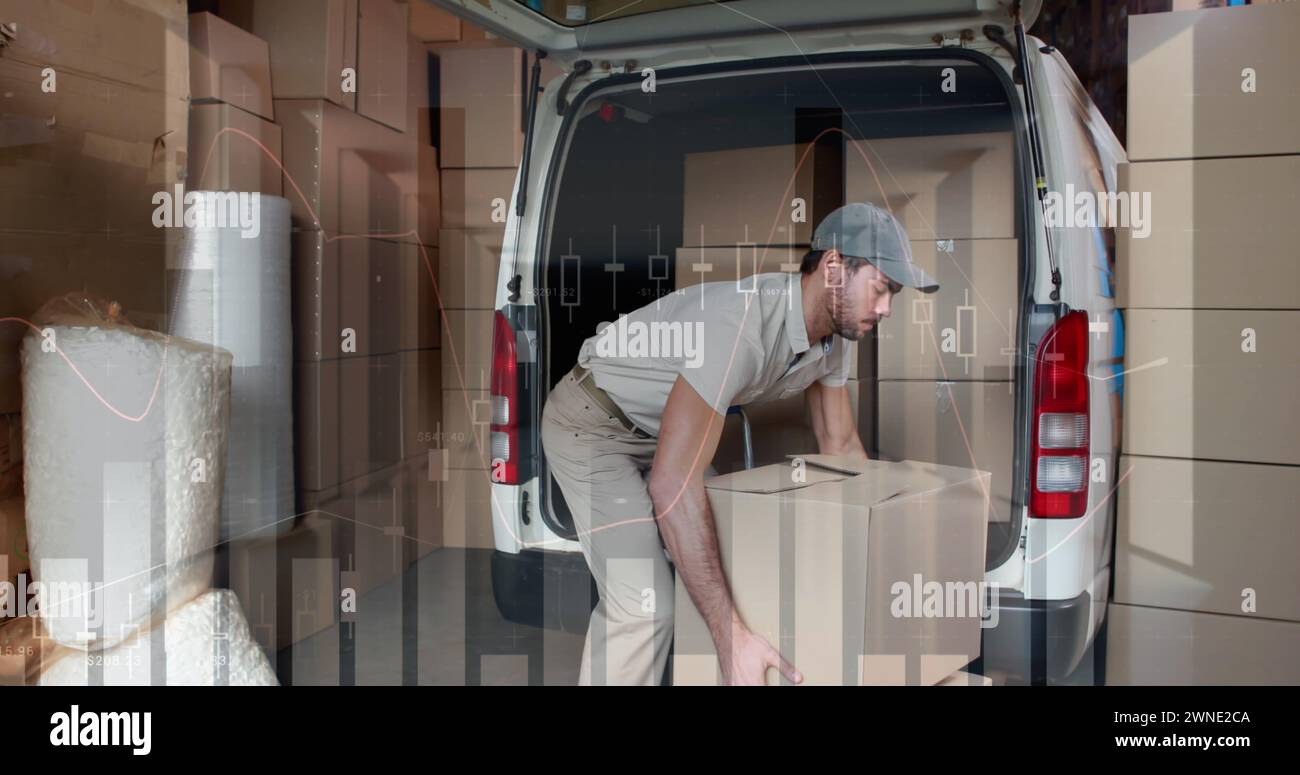 Image of financial data processing over delivery man loading up car outside of warehouse Stock ...
