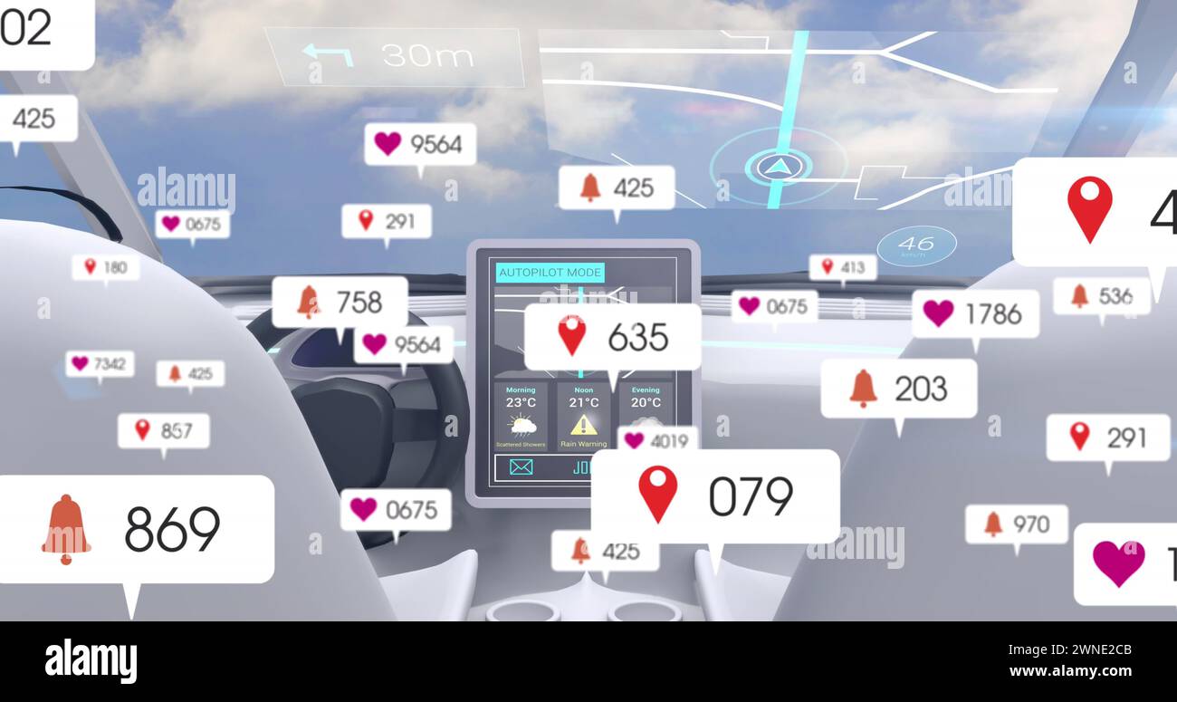 Image of social media icons and numbers on banners over self driving ...