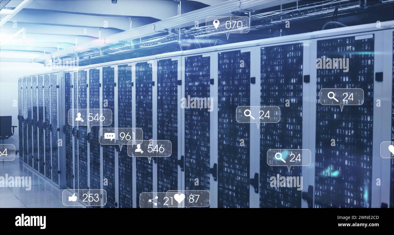 Image of social media icons and numbers on banners over tech room with ...