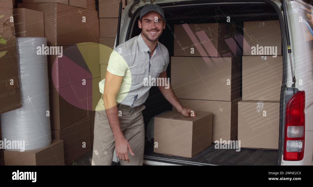 Image of financial data processing over delivery man loading up car outside of warehouse Stock ...