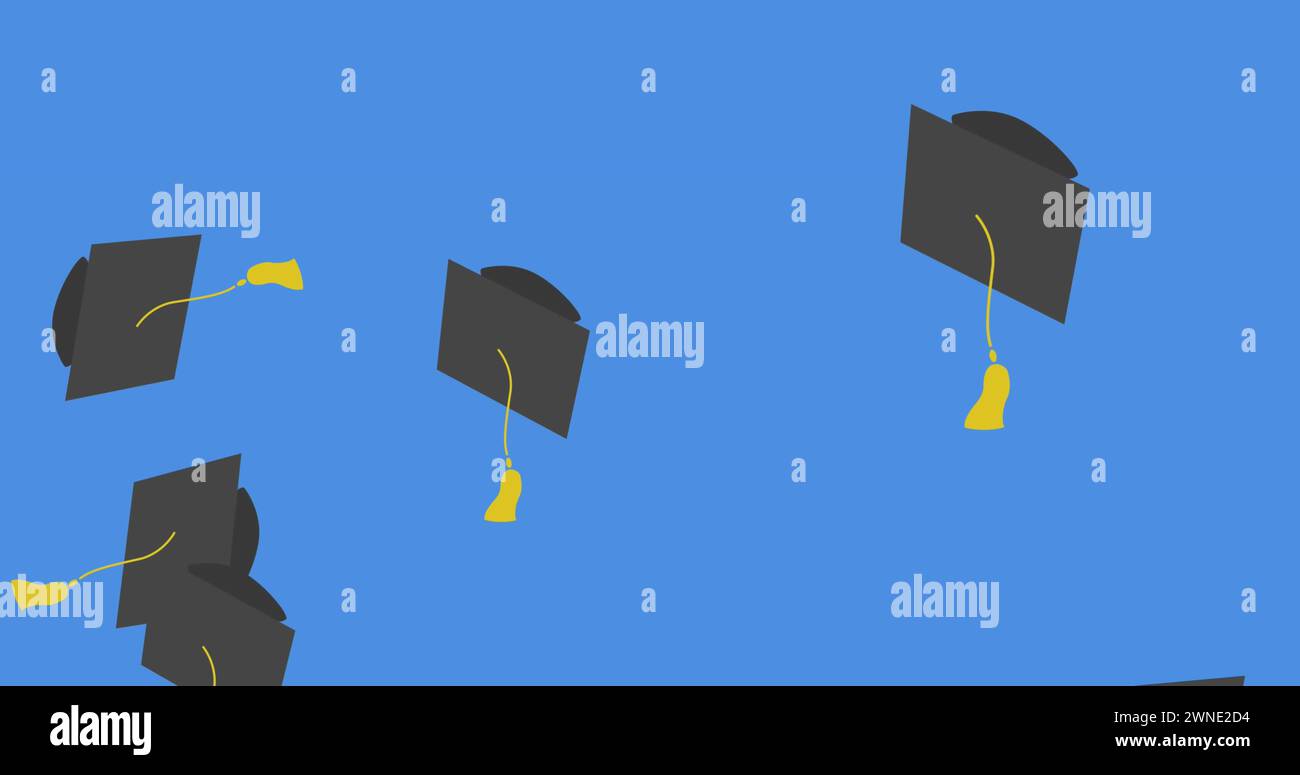Digital image of multiple graduation hat icons falling against blue ...