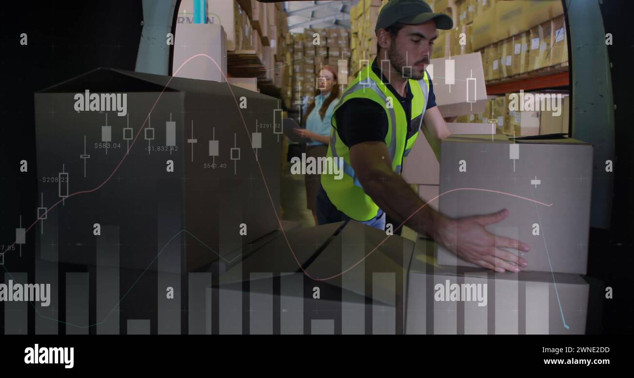 Image of financial data processing over delivery man loading up car in warehouse Stock Photo - Alamy