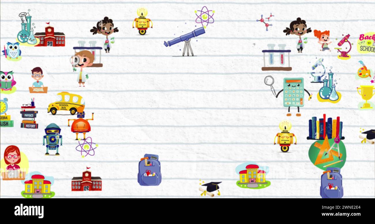 Digital image of multiple school concept icons against white lined ...