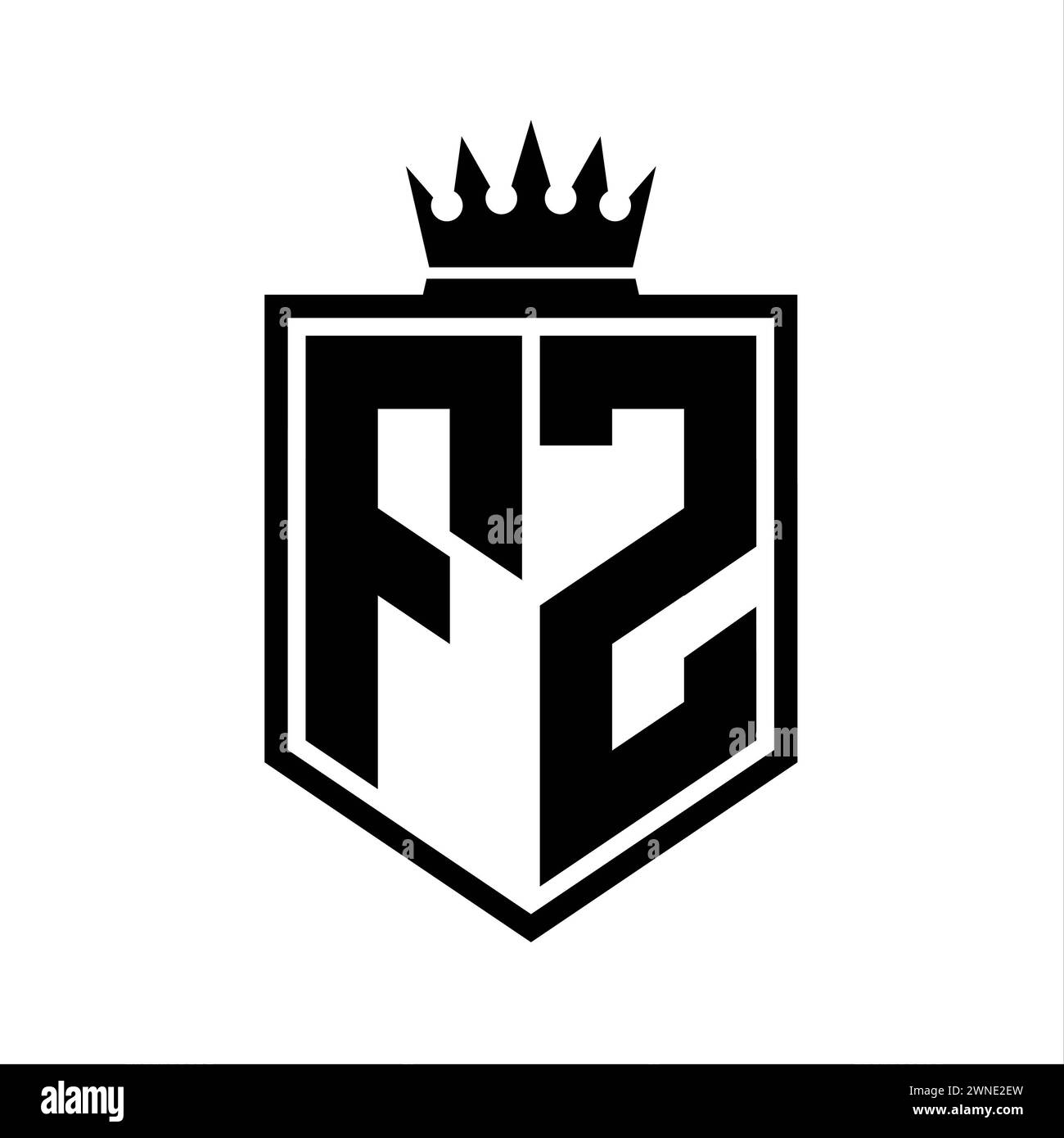 FZ Letter Logo monogram bold shield geometric shape with crown outline black and white style ...