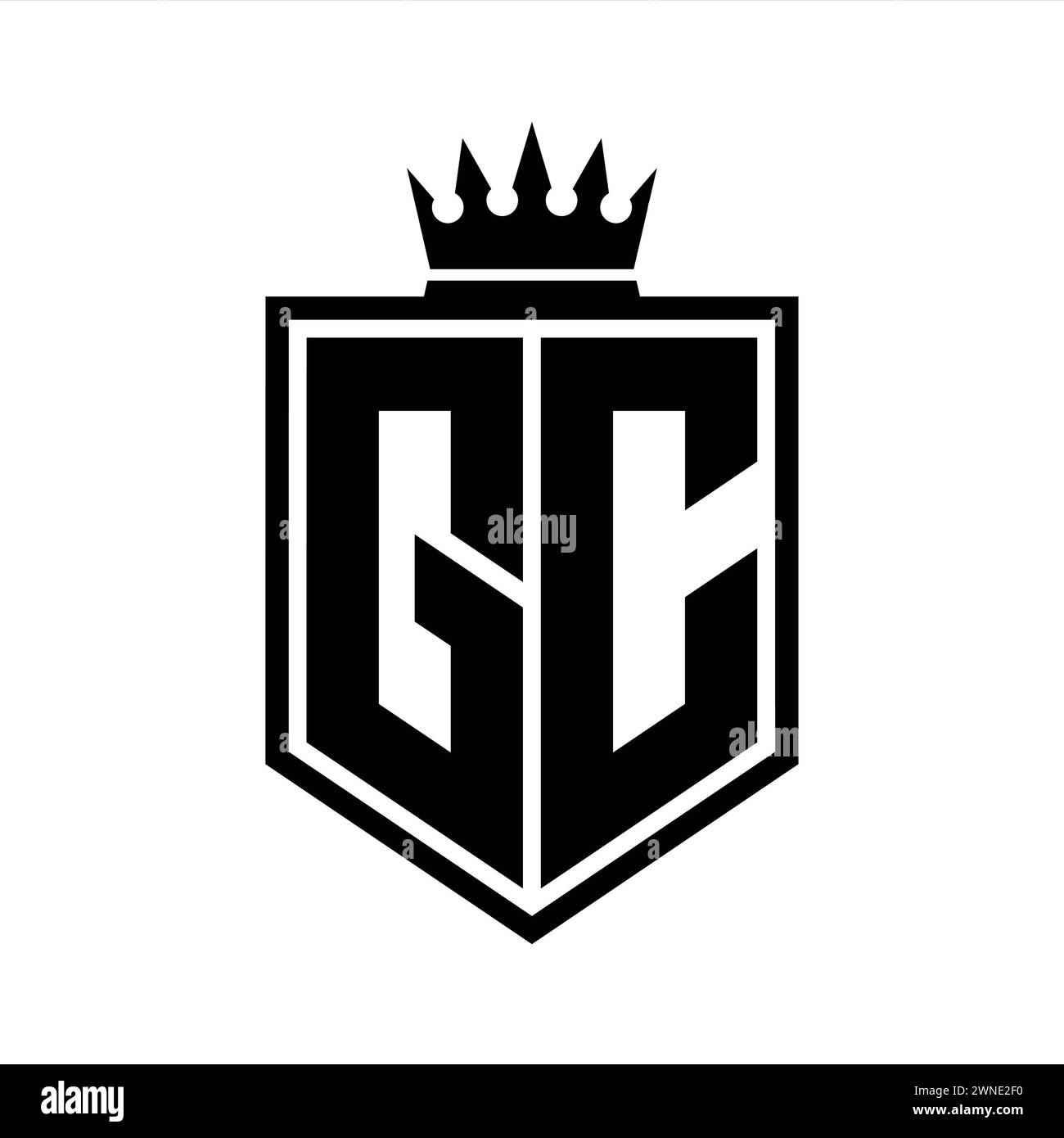 GC Letter Logo monogram bold shield geometric shape with crown outline black and white style ...