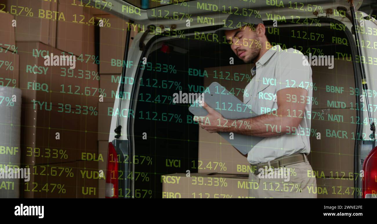 Image of financial data processing over delivery man holding clipboard outside of warehouse ...