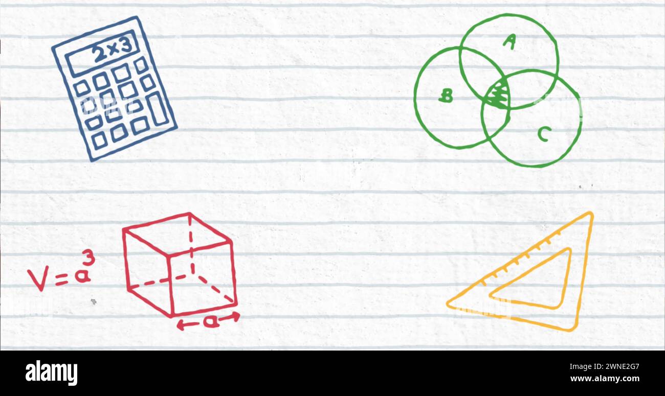 Digital image of multiple mathematics concept icons against white lined ...