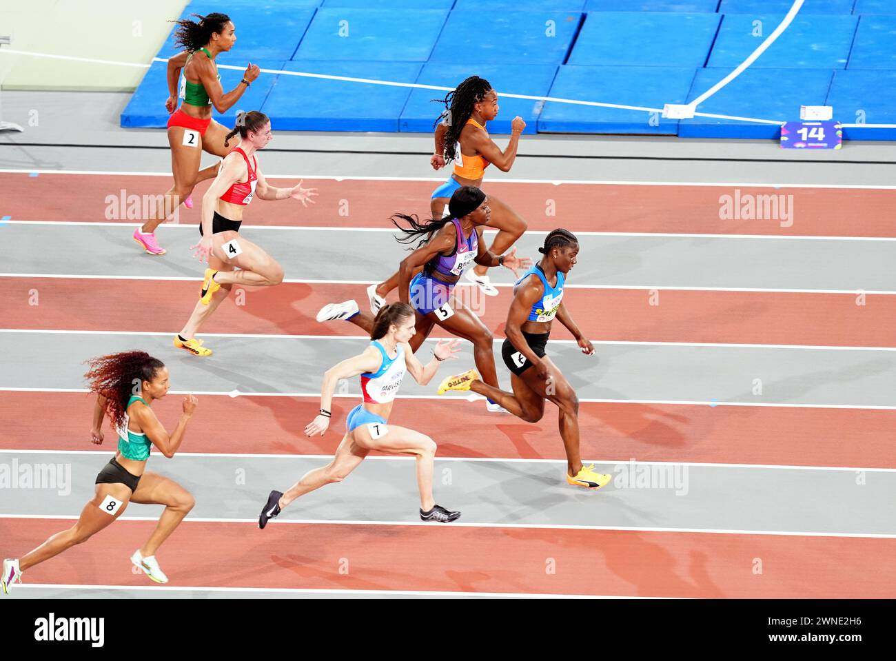 Julien Alfred (right) of Saint Lucia in action during the Women's 60 ...