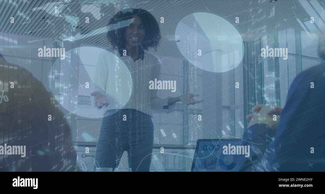 Image of financial data and graphs over african american businesswoman ...