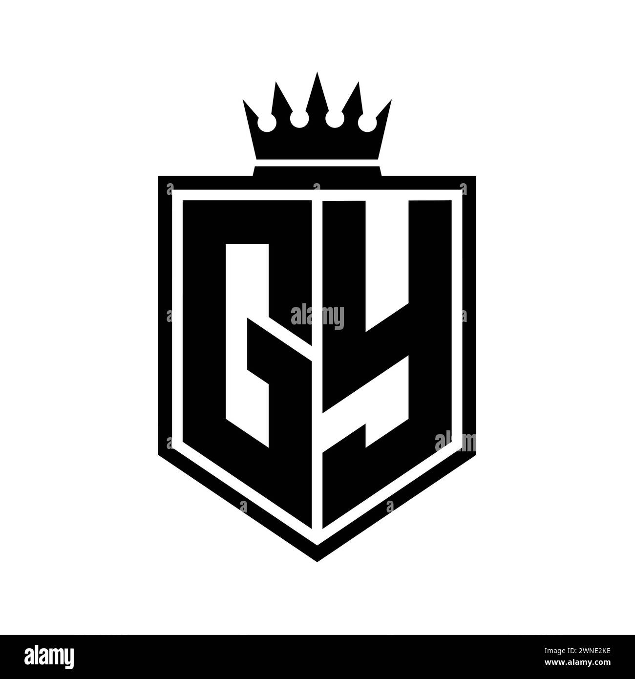 GY Letter Logo monogram bold shield geometric shape with crown outline black and white style ...