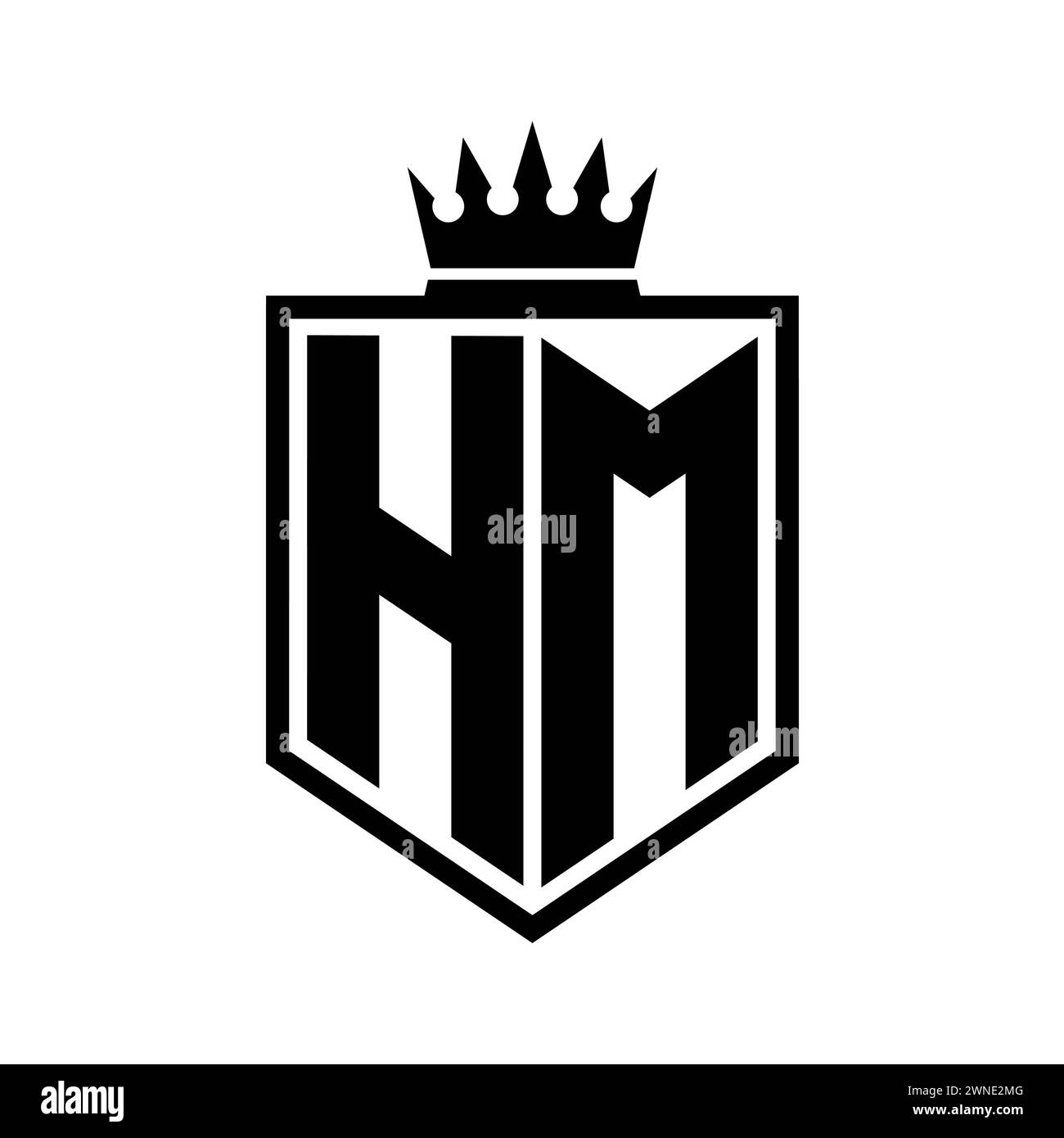 HM Letter Logo monogram bold shield geometric shape with crown outline black and white style ...