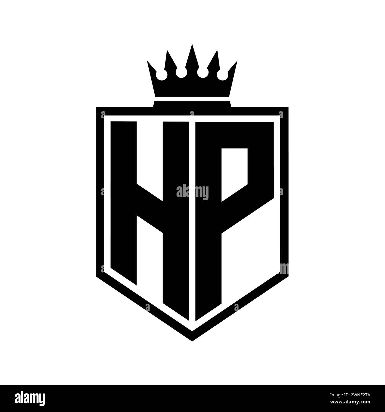 HP Letter Logo monogram bold shield geometric shape with crown outline black and white style ...