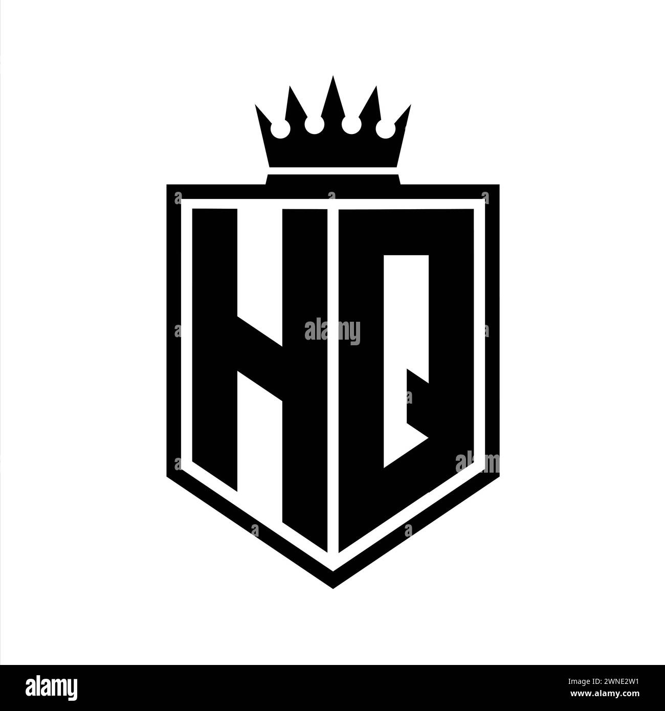 HQ Letter Logo monogram bold shield geometric shape with crown outline black and white style ...