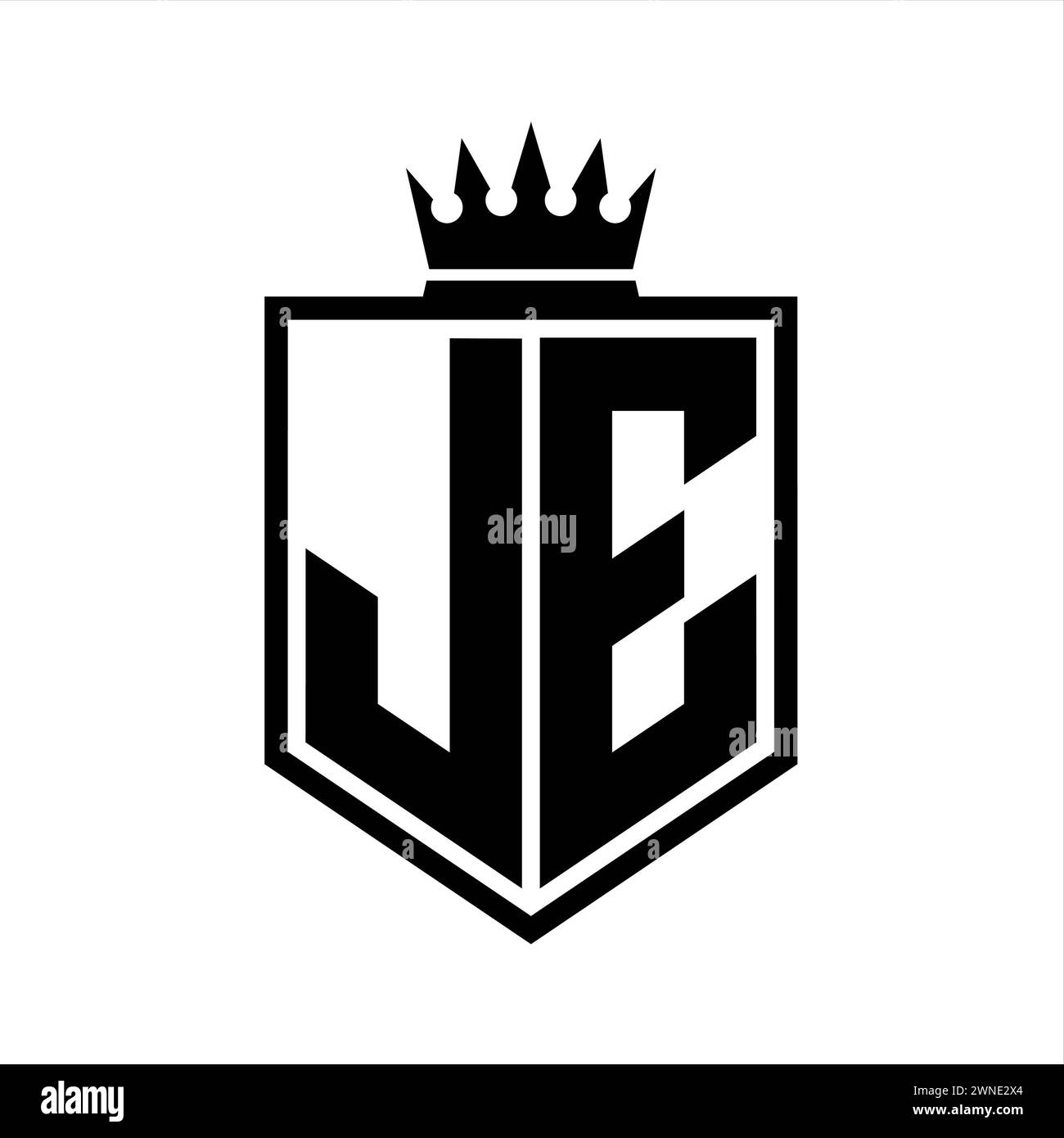 JE Letter Logo monogram bold shield geometric shape with crown outline ...