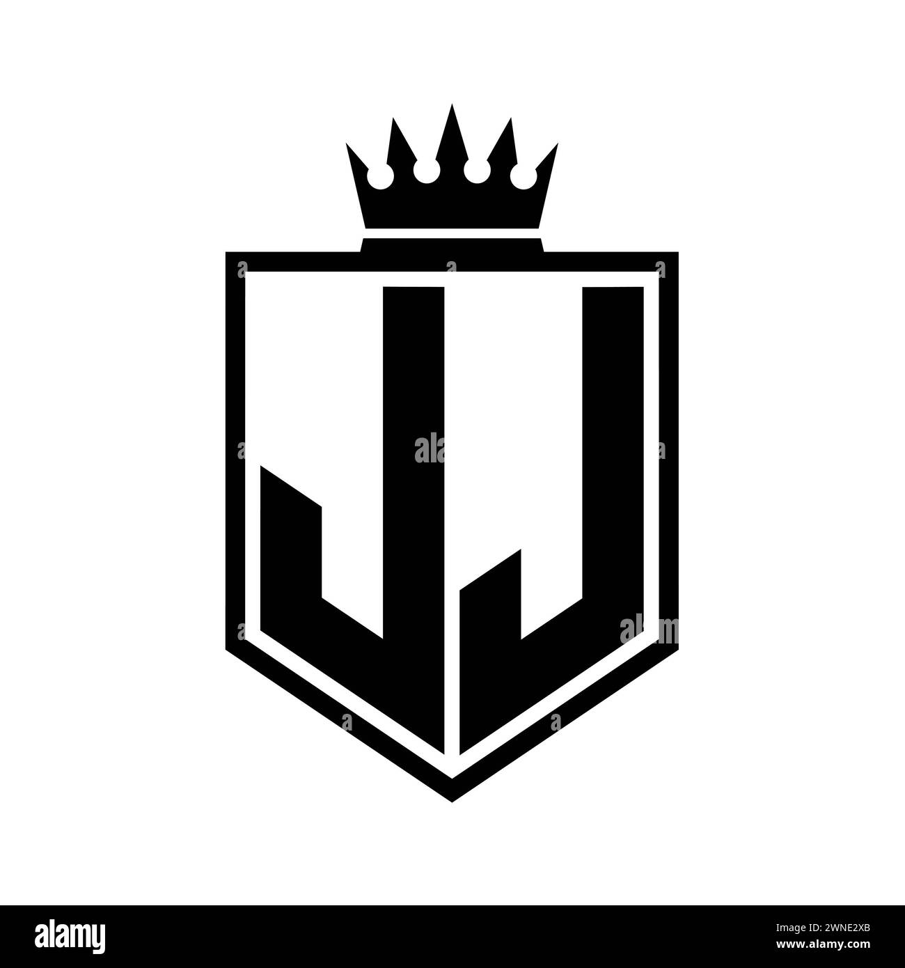 JJ Letter Logo monogram bold shield geometric shape with crown outline black and white style ...