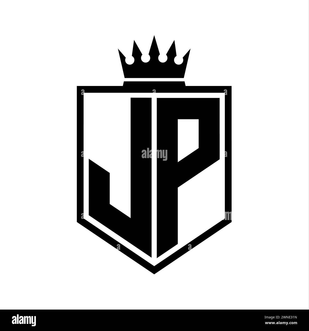 JP Letter Logo monogram bold shield geometric shape with crown outline ...