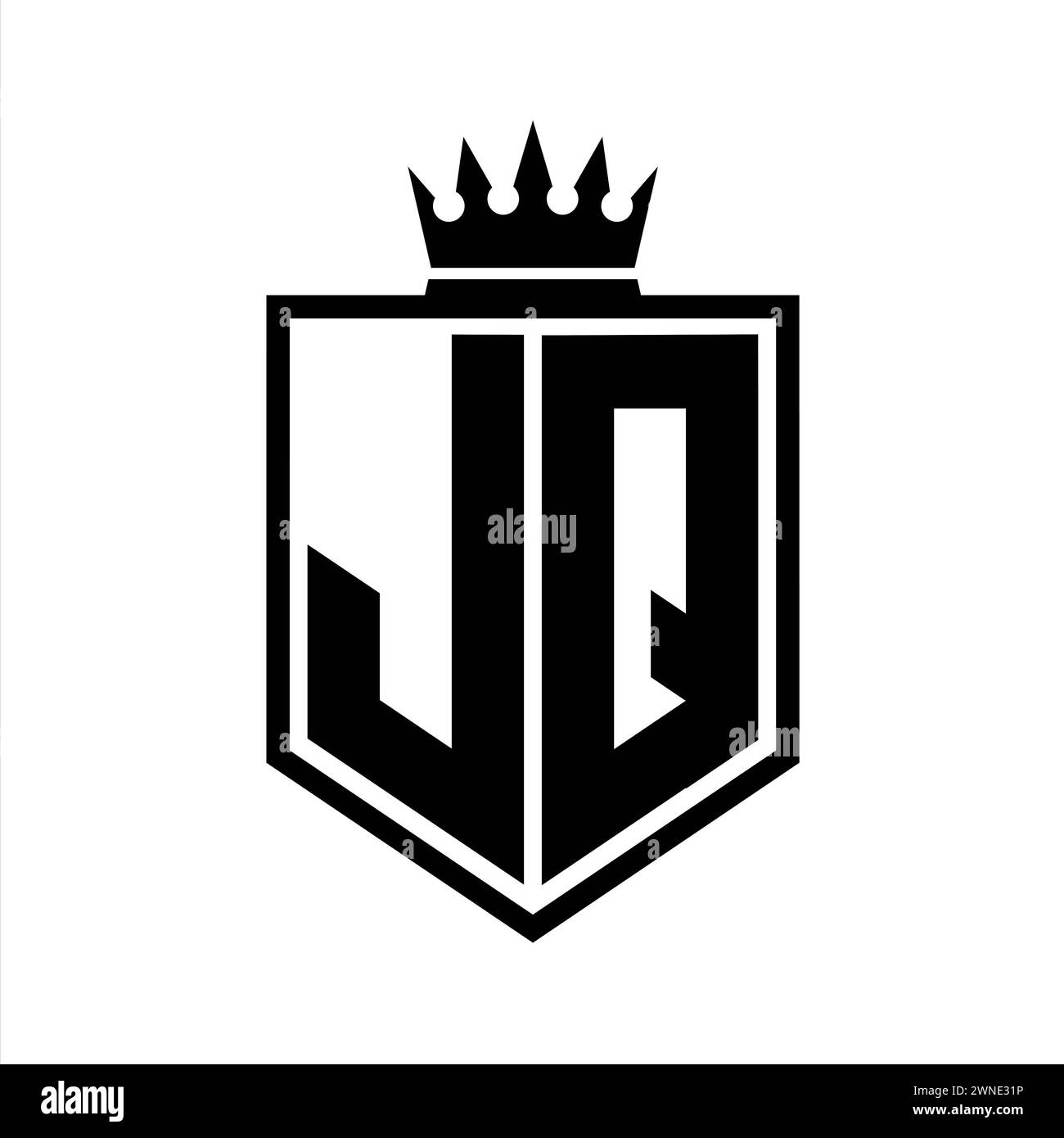 JQ Letter Logo monogram bold shield geometric shape with crown outline black and white style ...