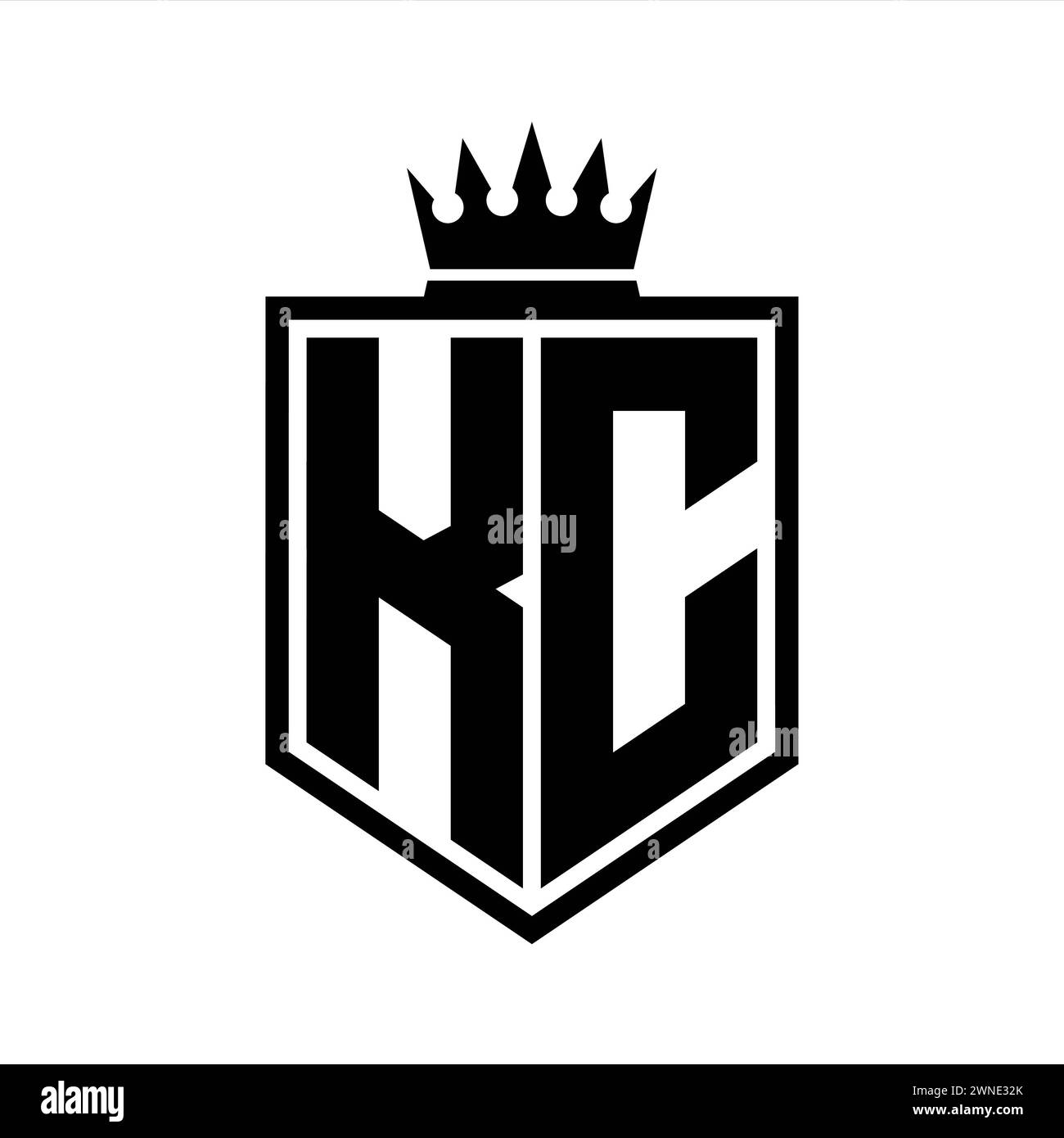 KC Letter Logo monogram bold shield geometric shape with crown outline ...