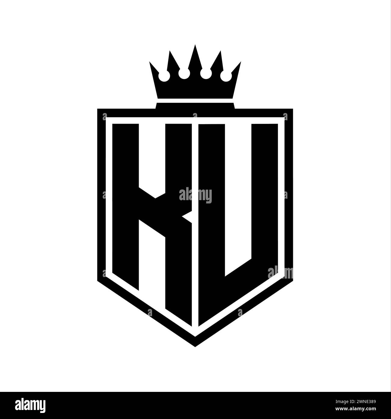 KU Letter Logo monogram bold shield geometric shape with crown outline black and white style ...