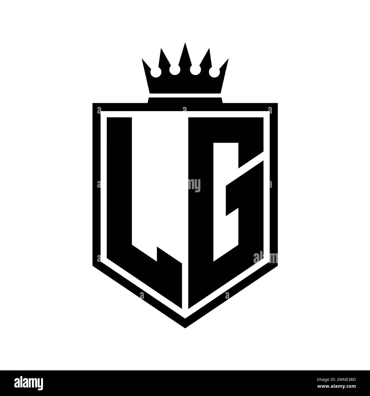 LG Letter Logo monogram bold shield geometric shape with crown outline black and white style ...
