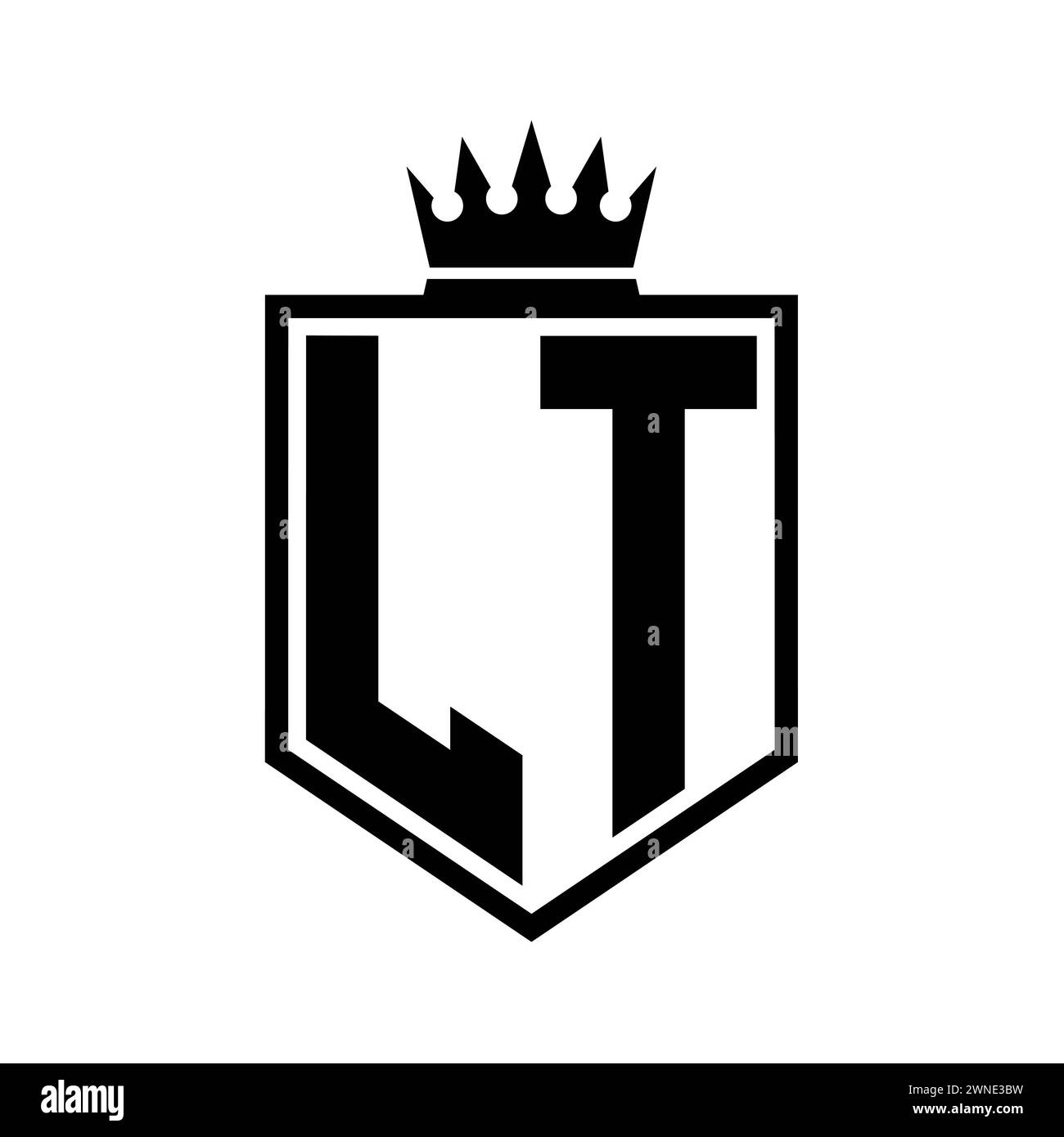 LT Letter Logo monogram bold shield geometric shape with crown outline black and white style ...