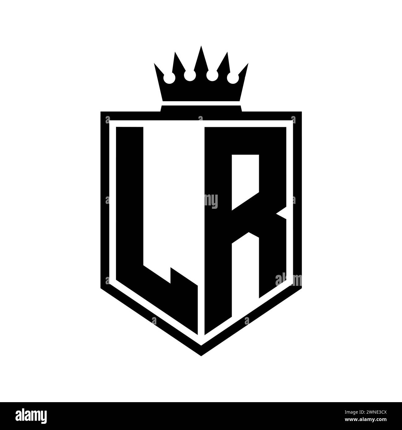 LR Letter Logo monogram bold shield geometric shape with crown outline ...