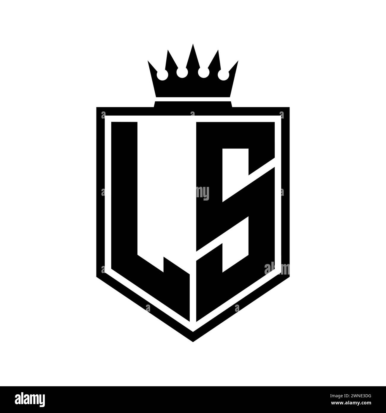 LS Letter Logo monogram bold shield geometric shape with crown outline black and white style ...