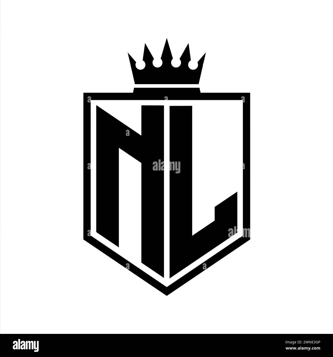 NL Letter Logo monogram bold shield geometric shape with crown outline black and white style ...