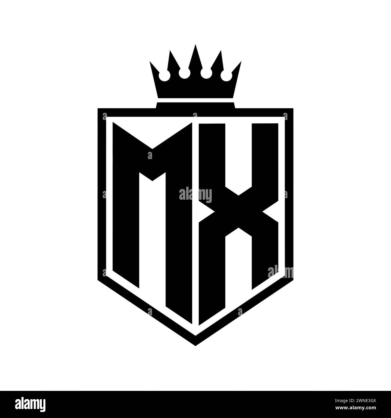 MX Letter Logo monogram bold shield geometric shape with crown outline black and white style ...