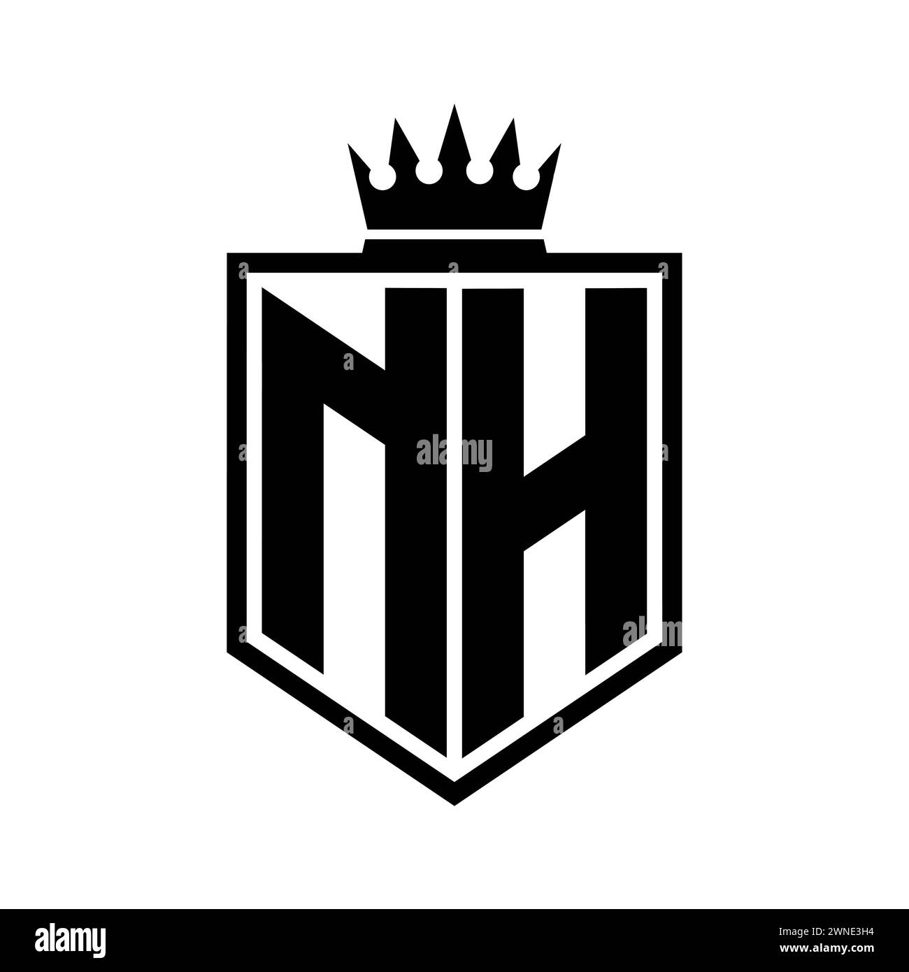 NH Letter Logo monogram bold shield geometric shape with crown outline black and white style ...