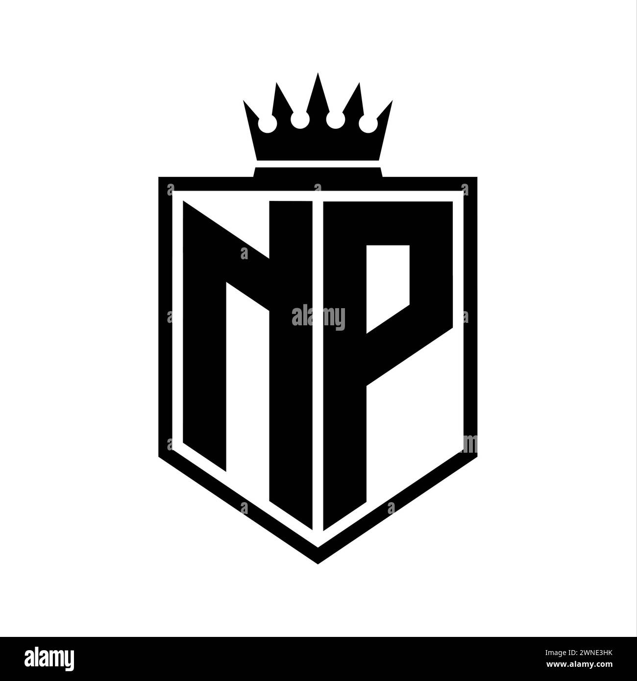 NP Letter Logo monogram bold shield geometric shape with crown outline ...