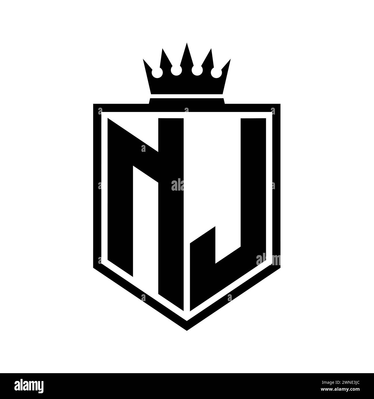 NJ Letter Logo monogram bold shield geometric shape with crown outline ...