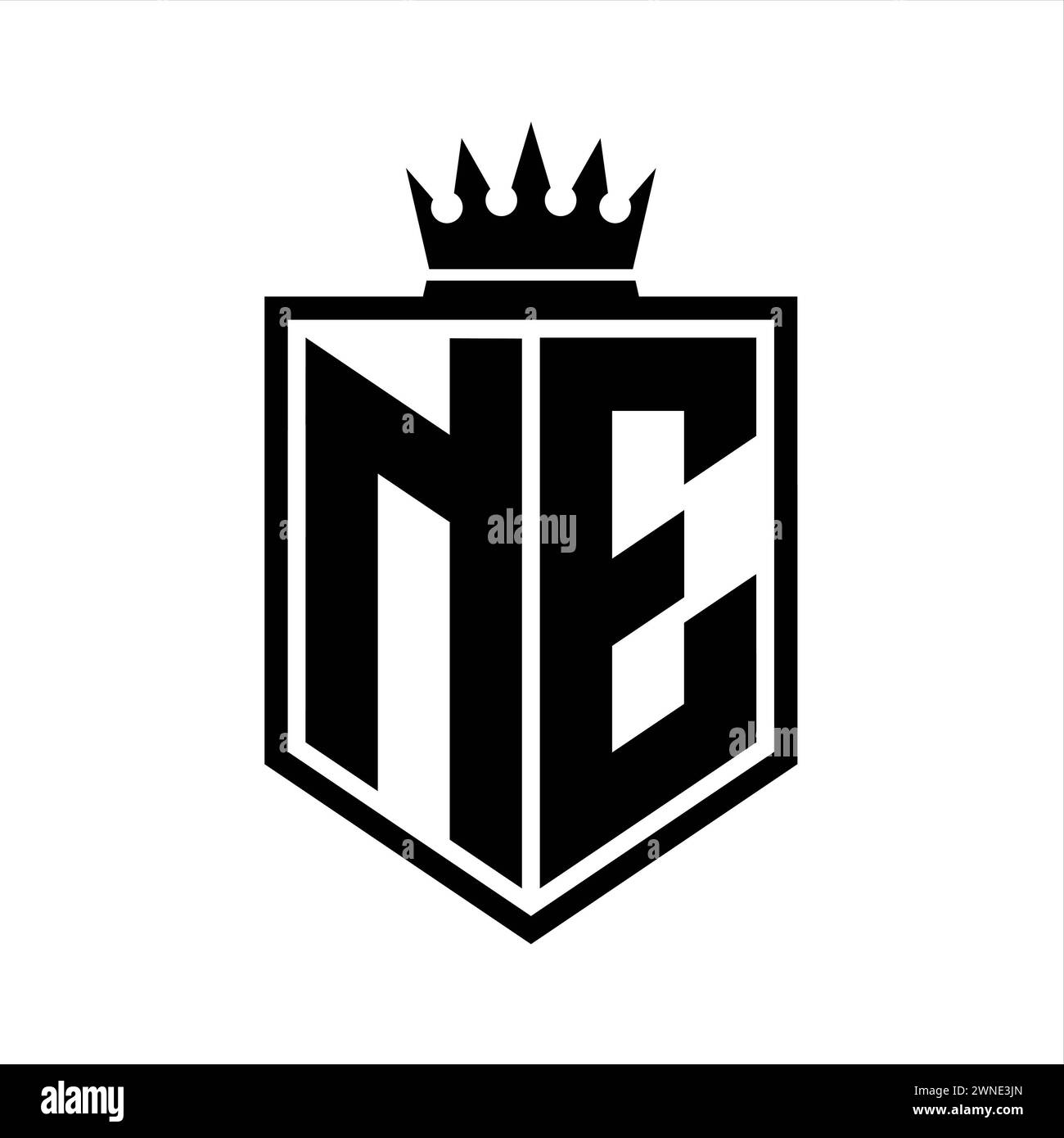 NE Letter Logo monogram bold shield geometric shape with crown outline ...