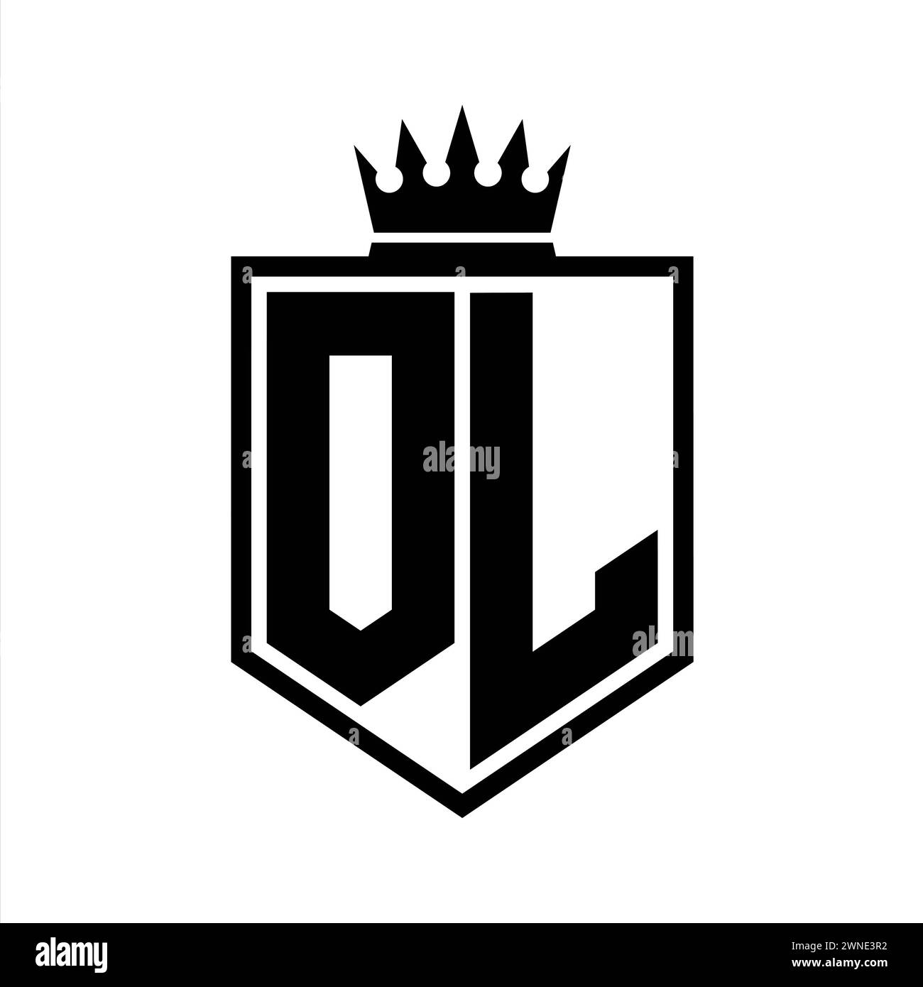 OL Letter Logo monogram bold shield geometric shape with crown outline black and white style ...