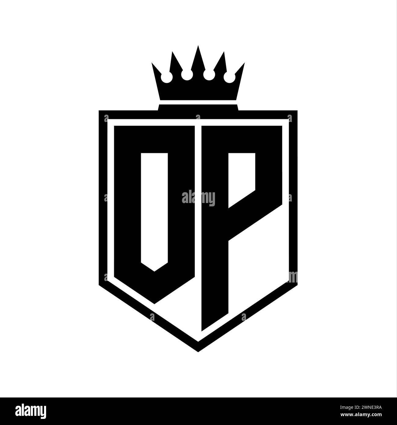 OP Letter Logo monogram bold shield geometric shape with crown outline ...