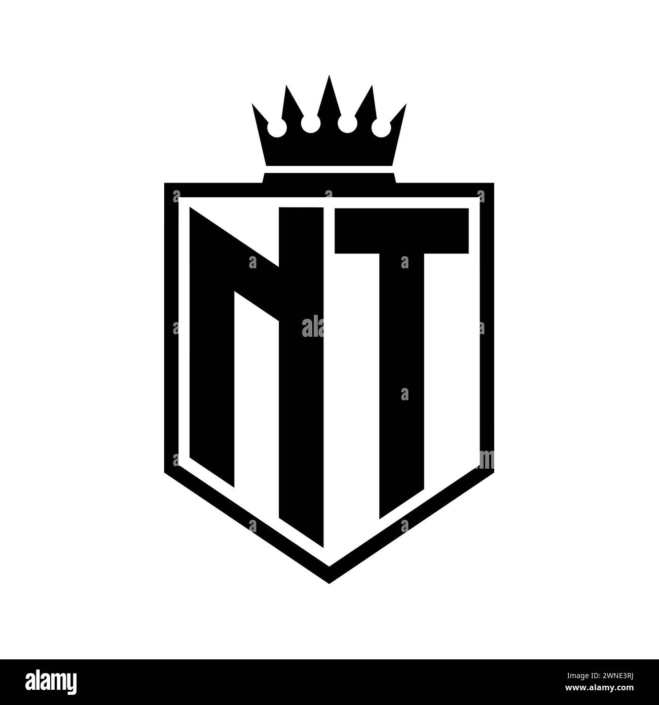 NT Letter Logo monogram bold shield geometric shape with crown outline ...