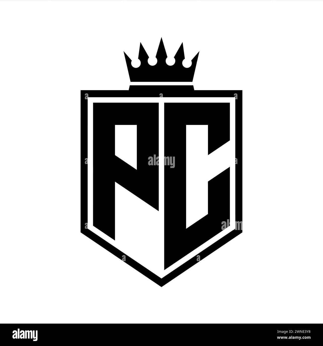 PC Letter Logo monogram bold shield geometric shape with crown outline ...
