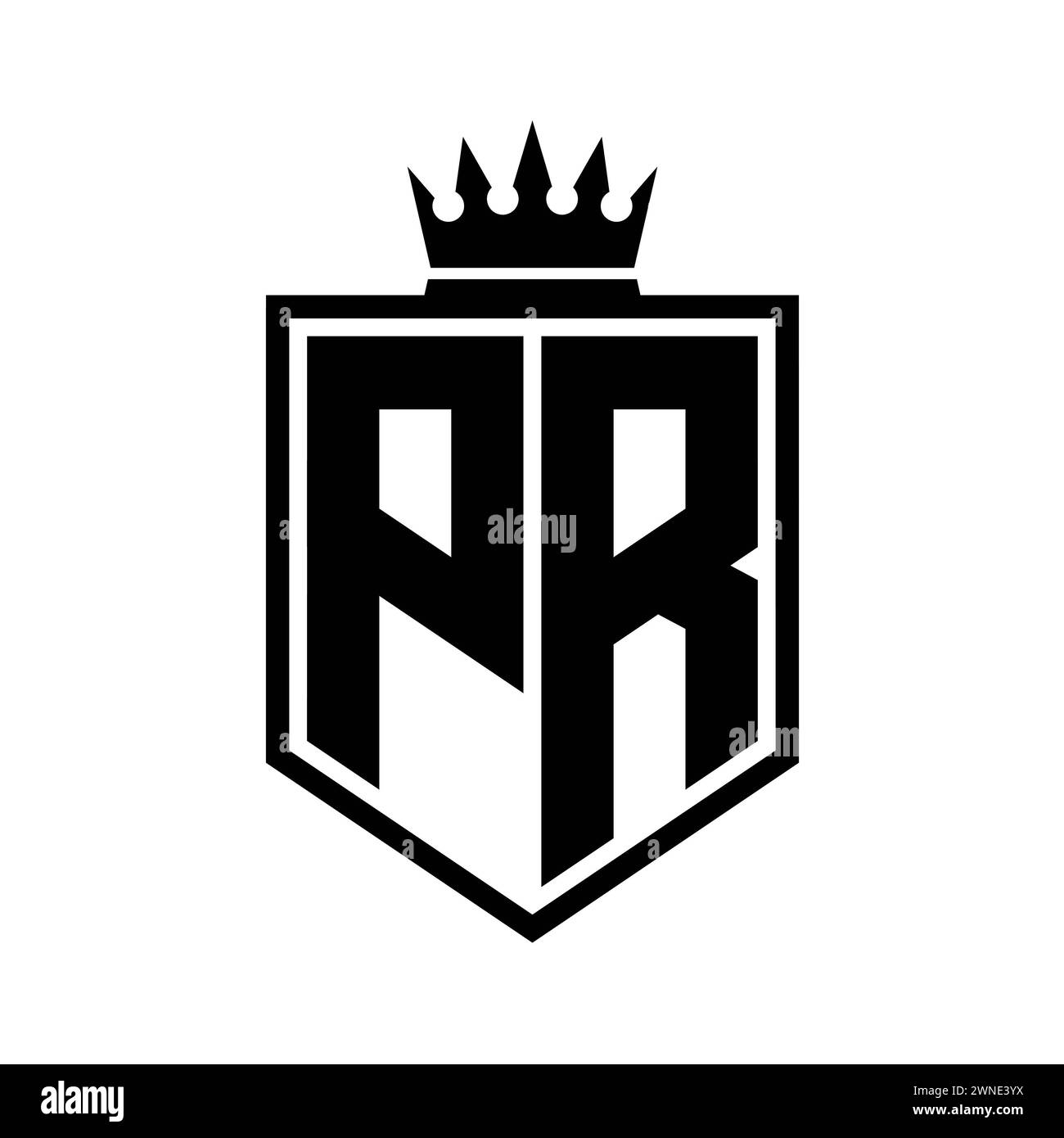 PR Letter Logo monogram bold shield geometric shape with crown outline black and white style ...