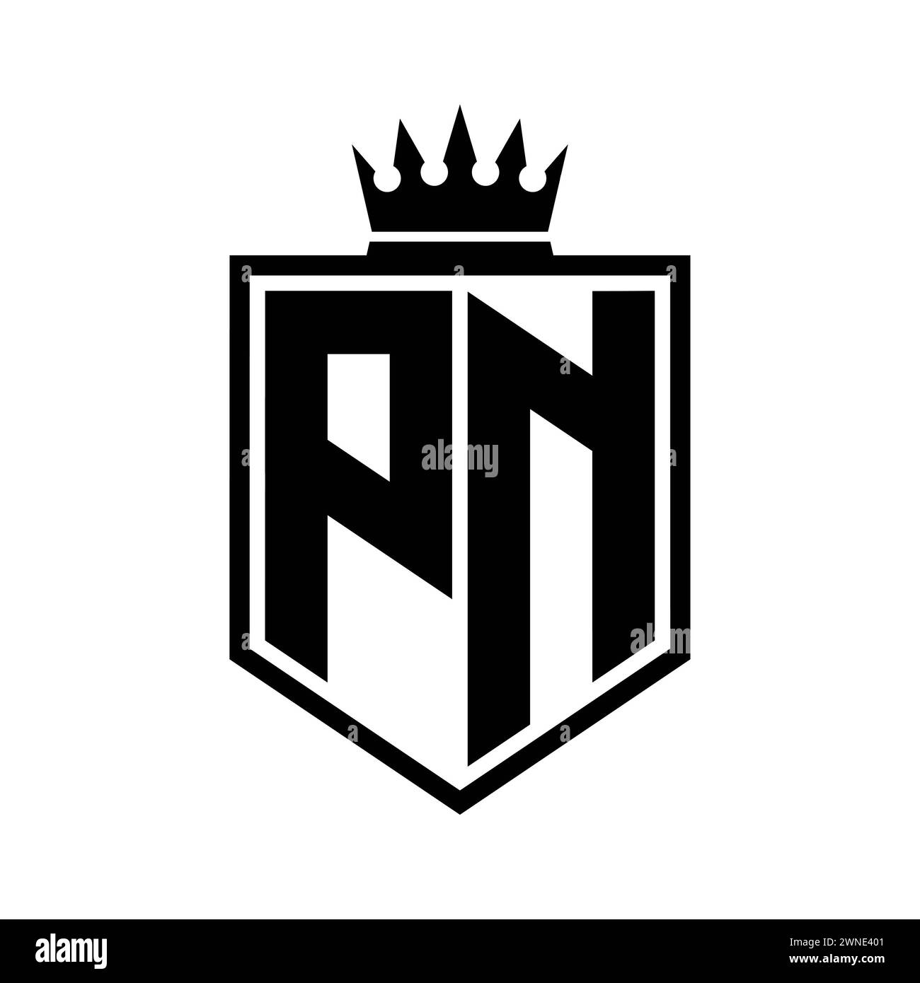 PN Letter Logo monogram bold shield geometric shape with crown outline black and white style ...