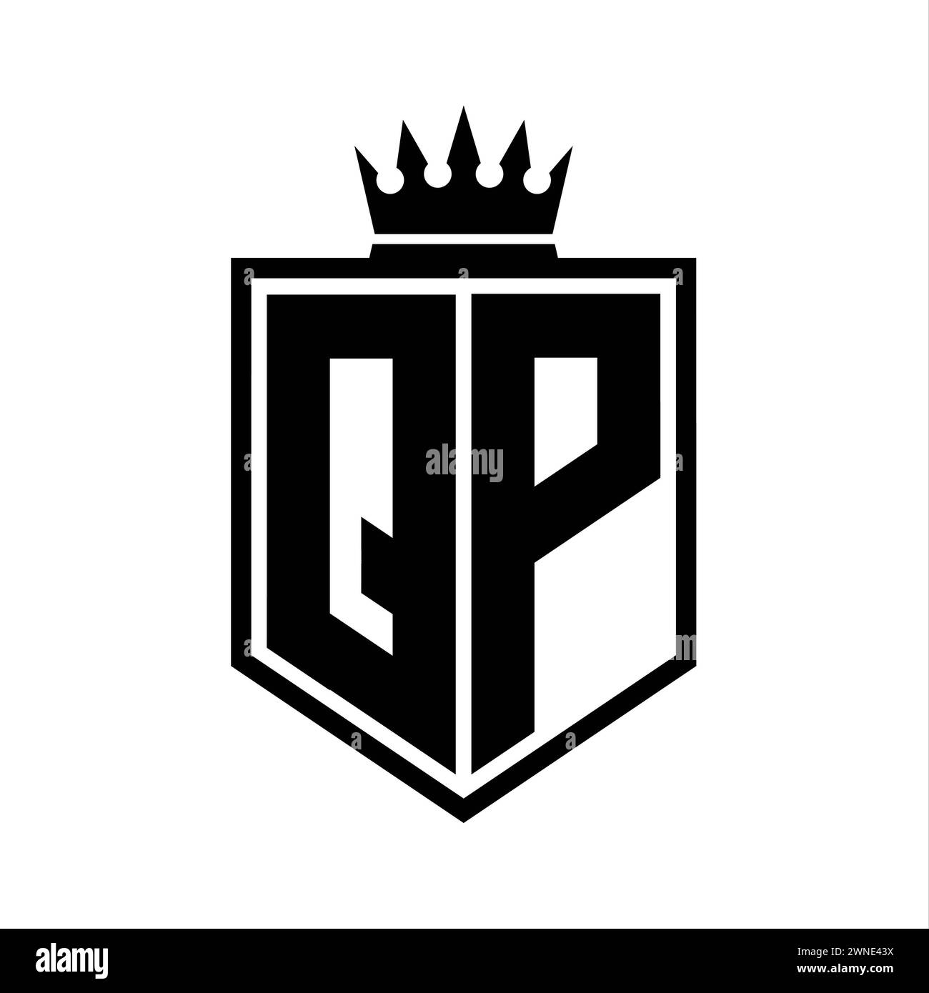 QP Letter Logo monogram bold shield geometric shape with crown outline ...