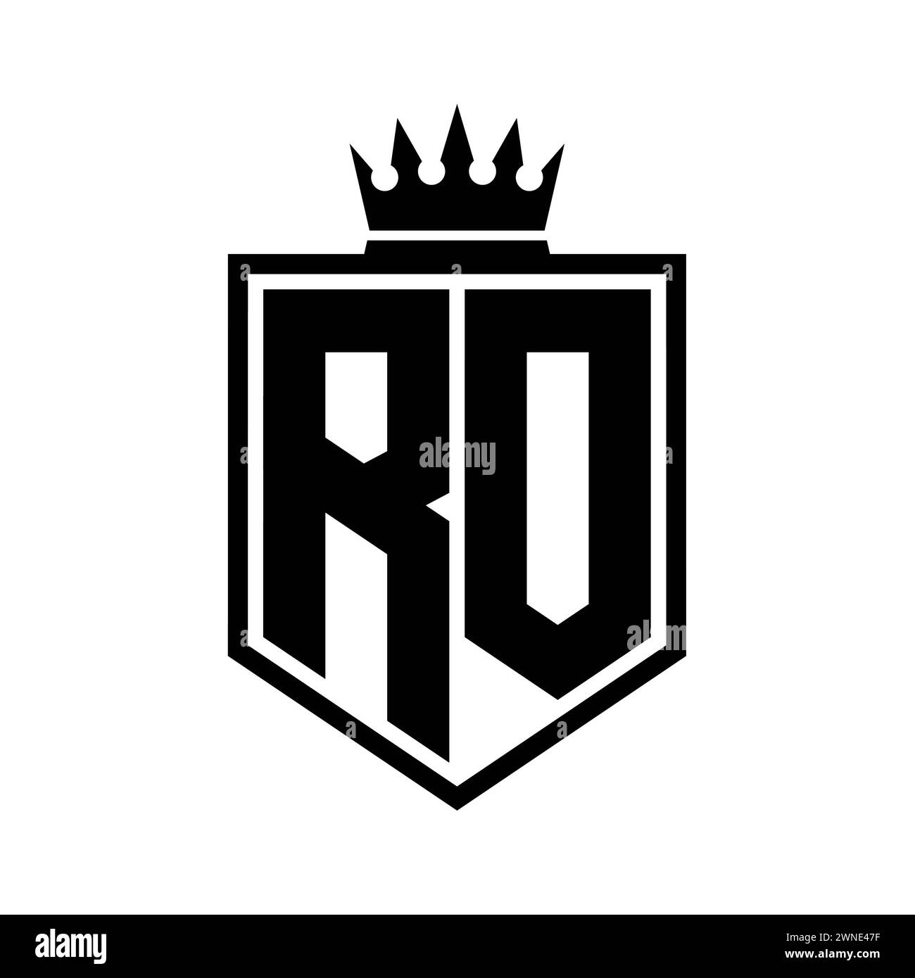 RO Letter Logo monogram bold shield geometric shape with crown outline ...