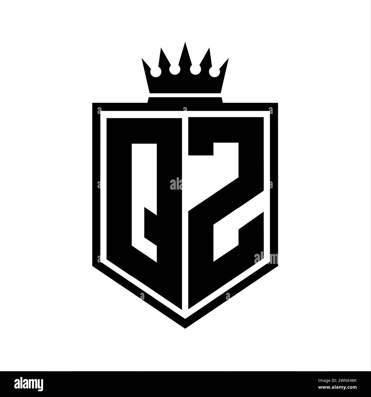 QZ Letter Logo monogram bold shield geometric shape with crown outline black and white style ...
