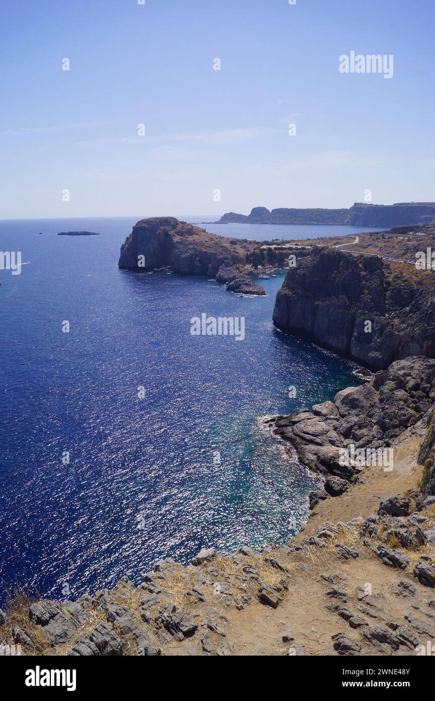 A scenic view of the sea and the coastline from the acropolis of Lindos ...