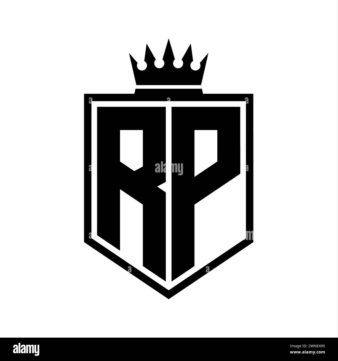 RP Letter Logo monogram bold shield geometric shape with crown outline black and white style ...