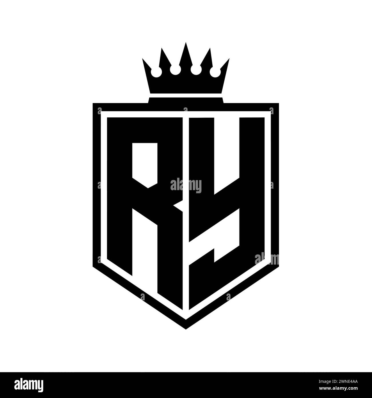 RY Letter Logo monogram bold shield geometric shape with crown outline black and white style ...